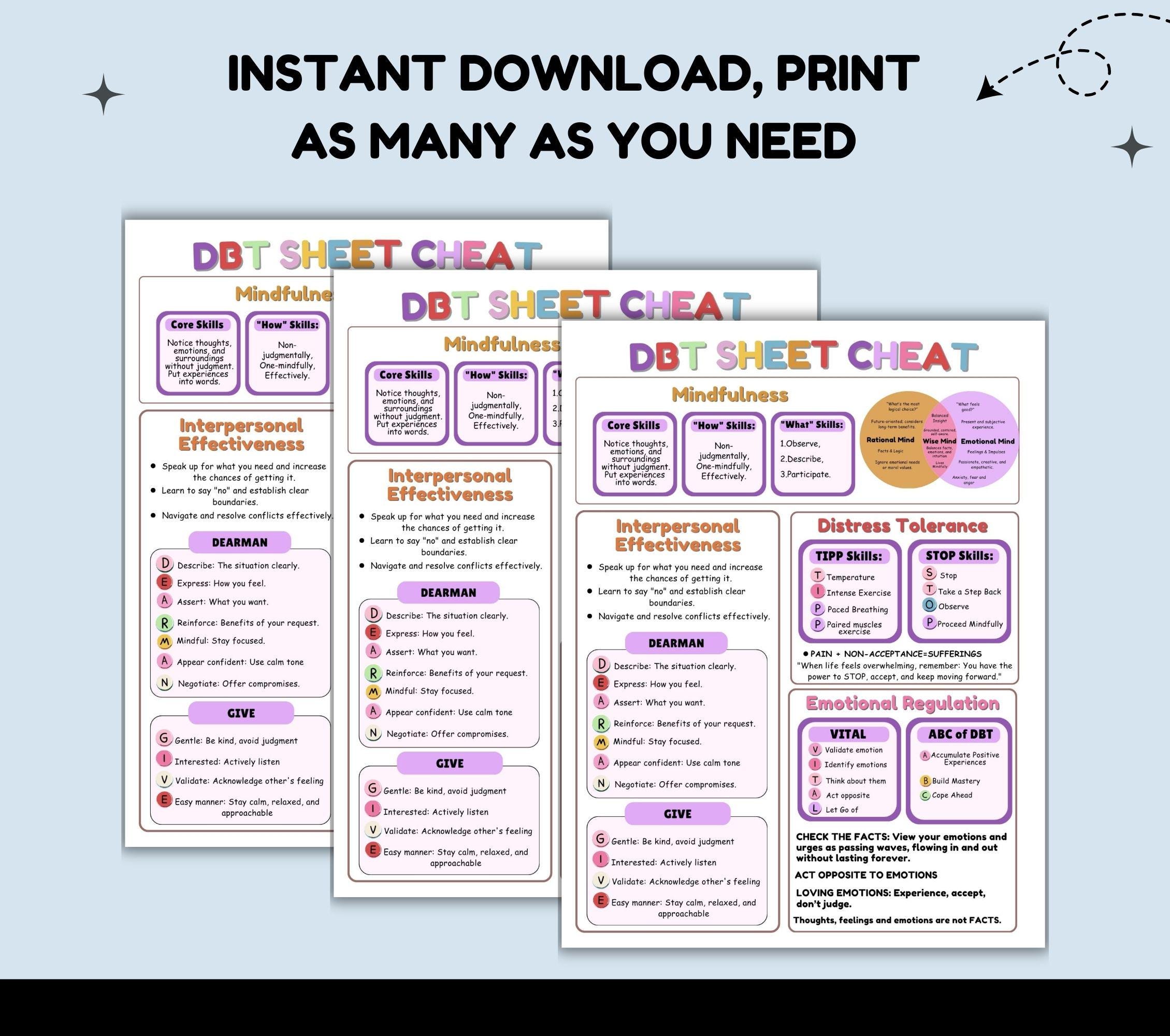 DBT Cheat Sheet, DBT Skills, Dialectical Behavior Therapy, Borderline ...