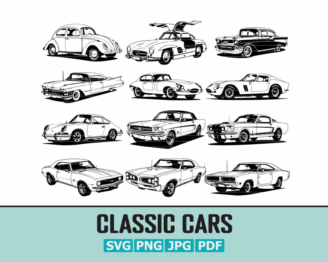 Classic Cars SVG Bundle | 12 Vintage Automobile Designs | Old Cars ...