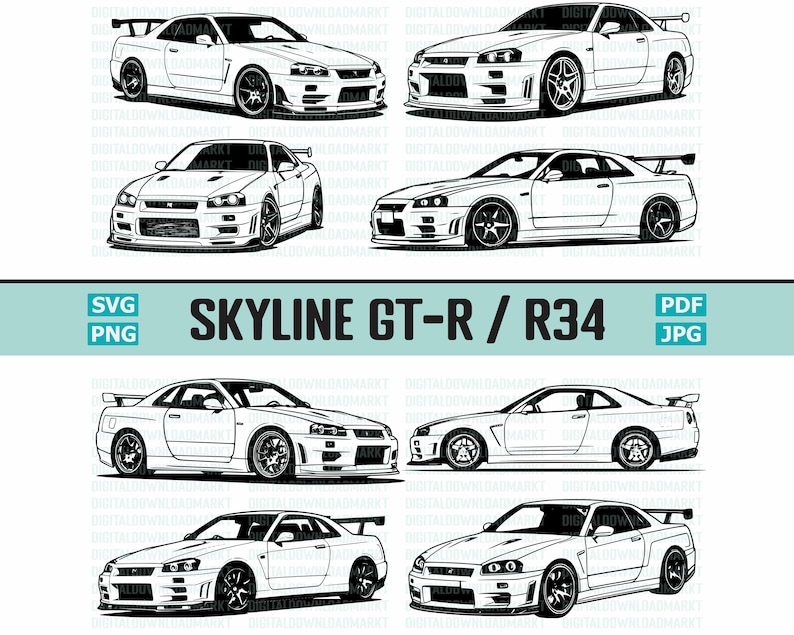 Skyline GT-R R34 SVG Bundle Iconic Skyline GTR R34 Designs Sports Car ...