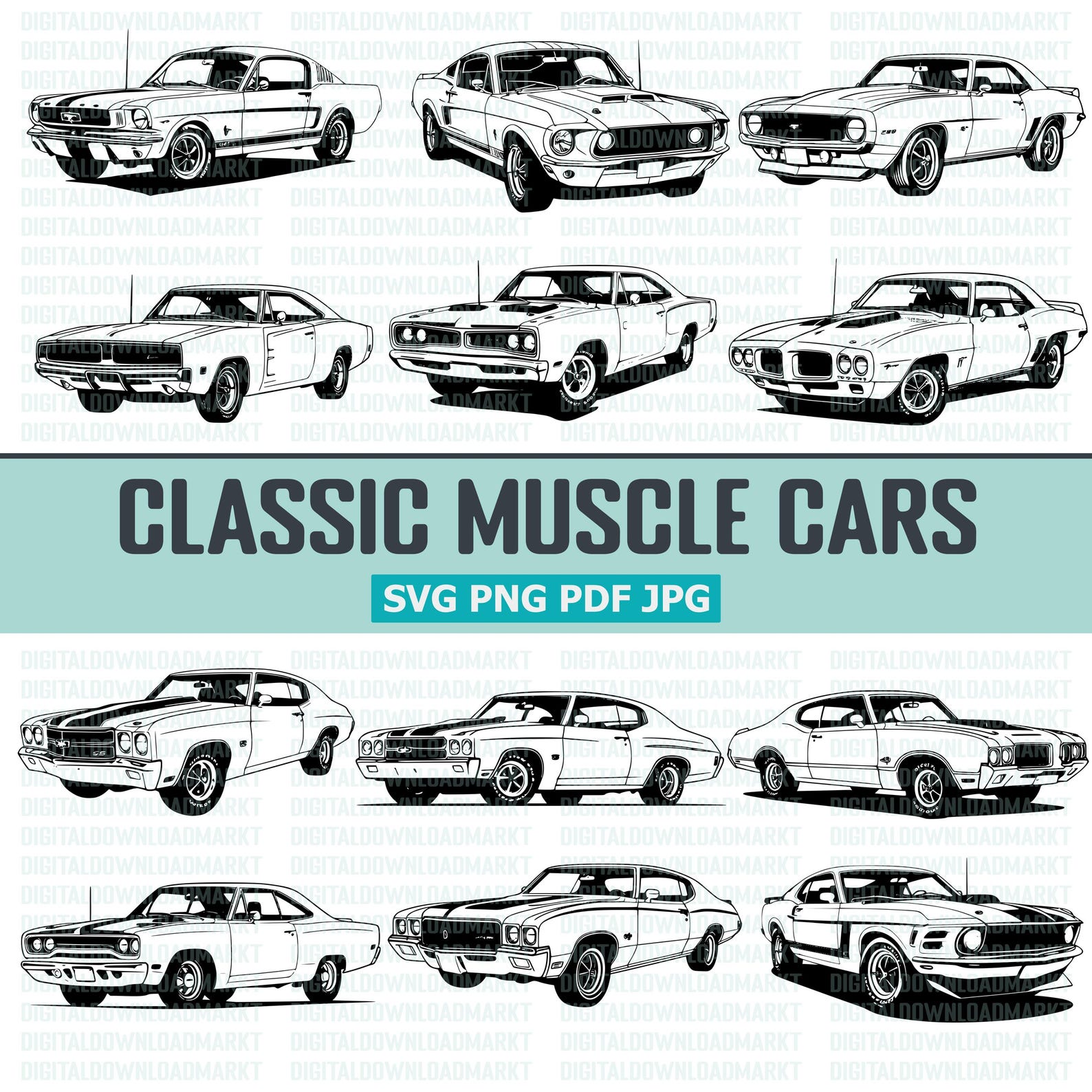 Classic Muscle Cars SVG Bundle 12 Iconic American Cars Vintage Muscle ...