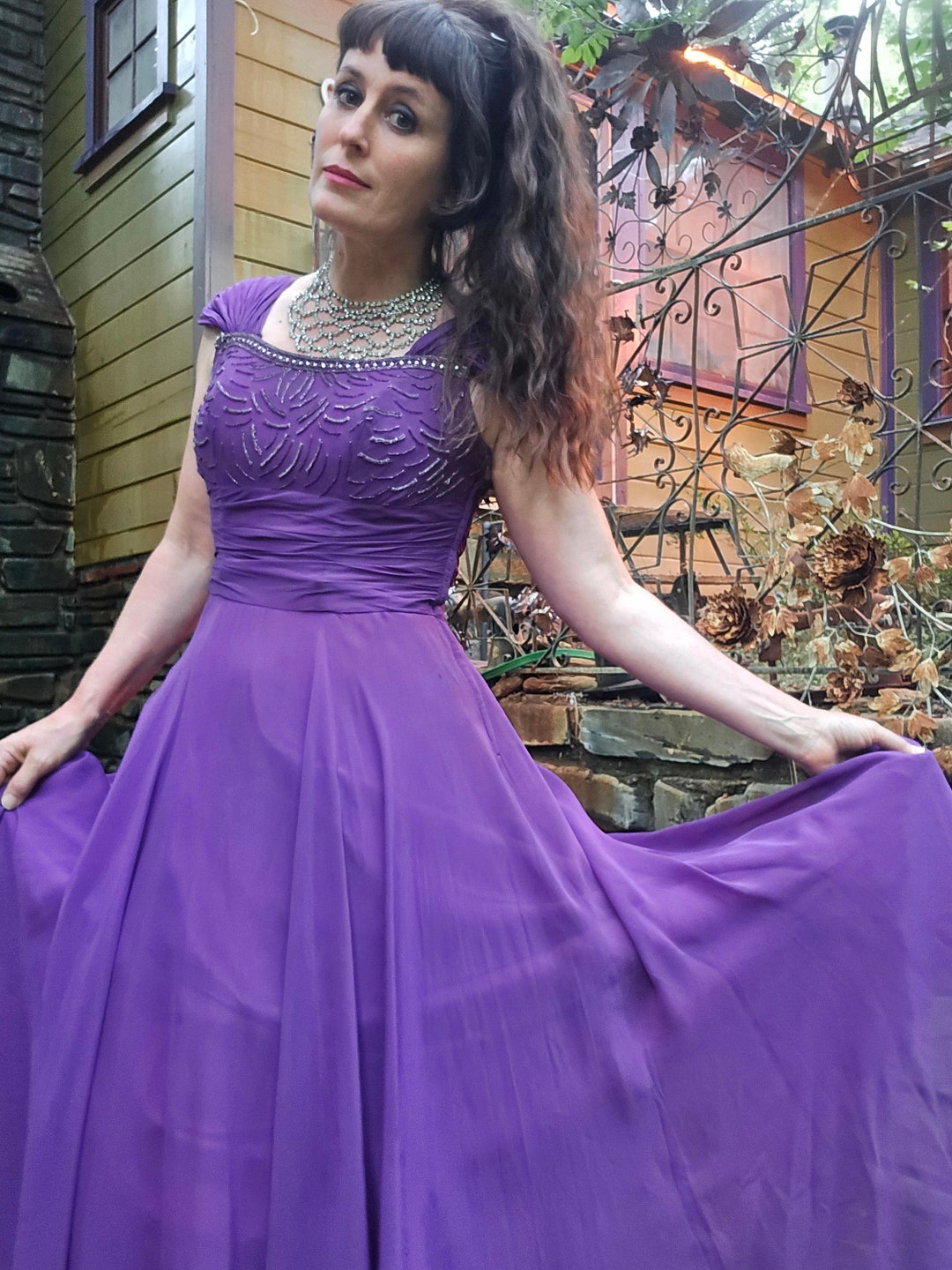 1940s 40s Meier & Frank Co. Portland Oregon Purple Shear Beaded Gown Romantic Boudoir Antique ...