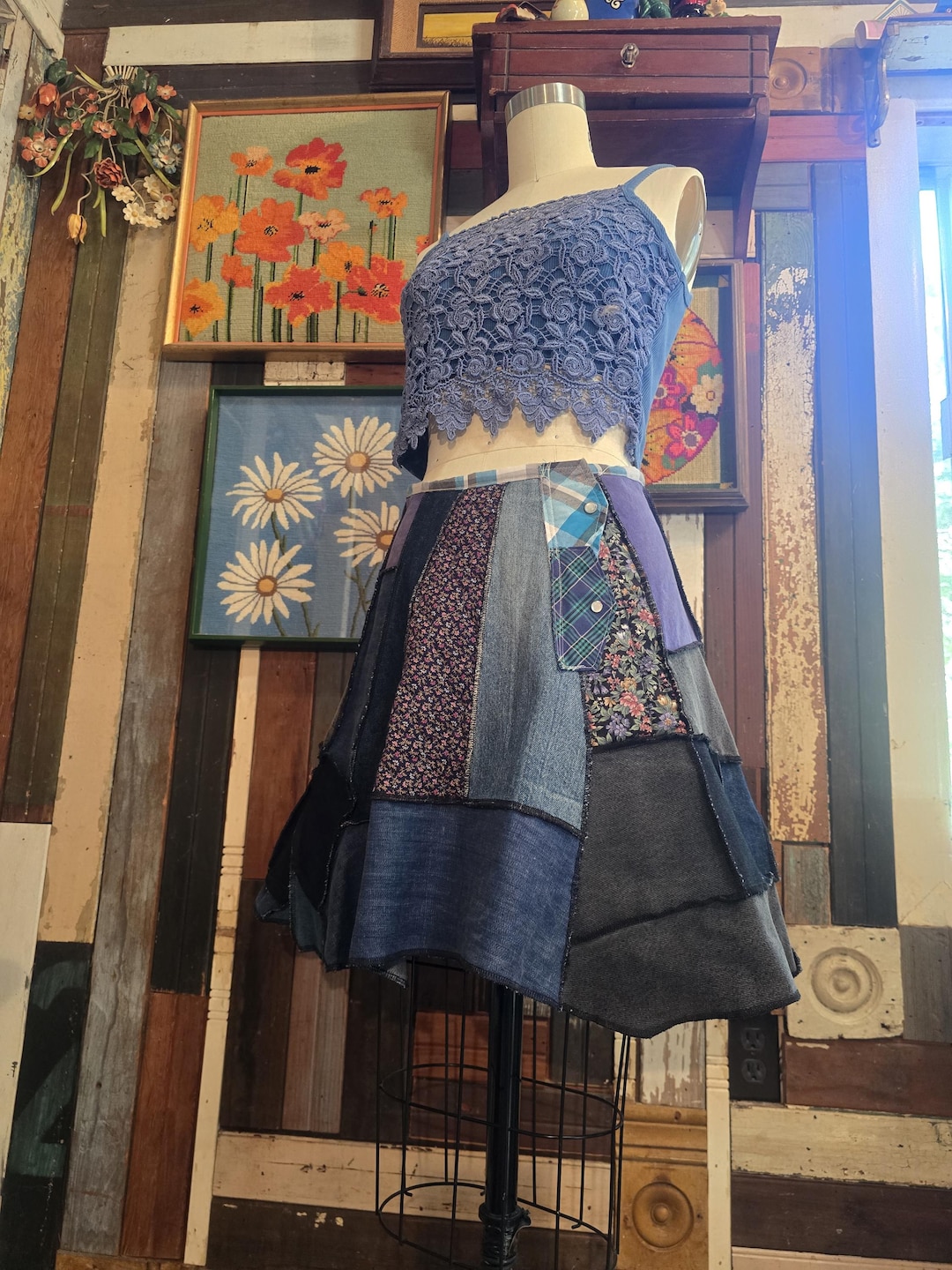 The Window Lady Patchwork Denim Jean Skirt Pocket Floral Western Ooak ...