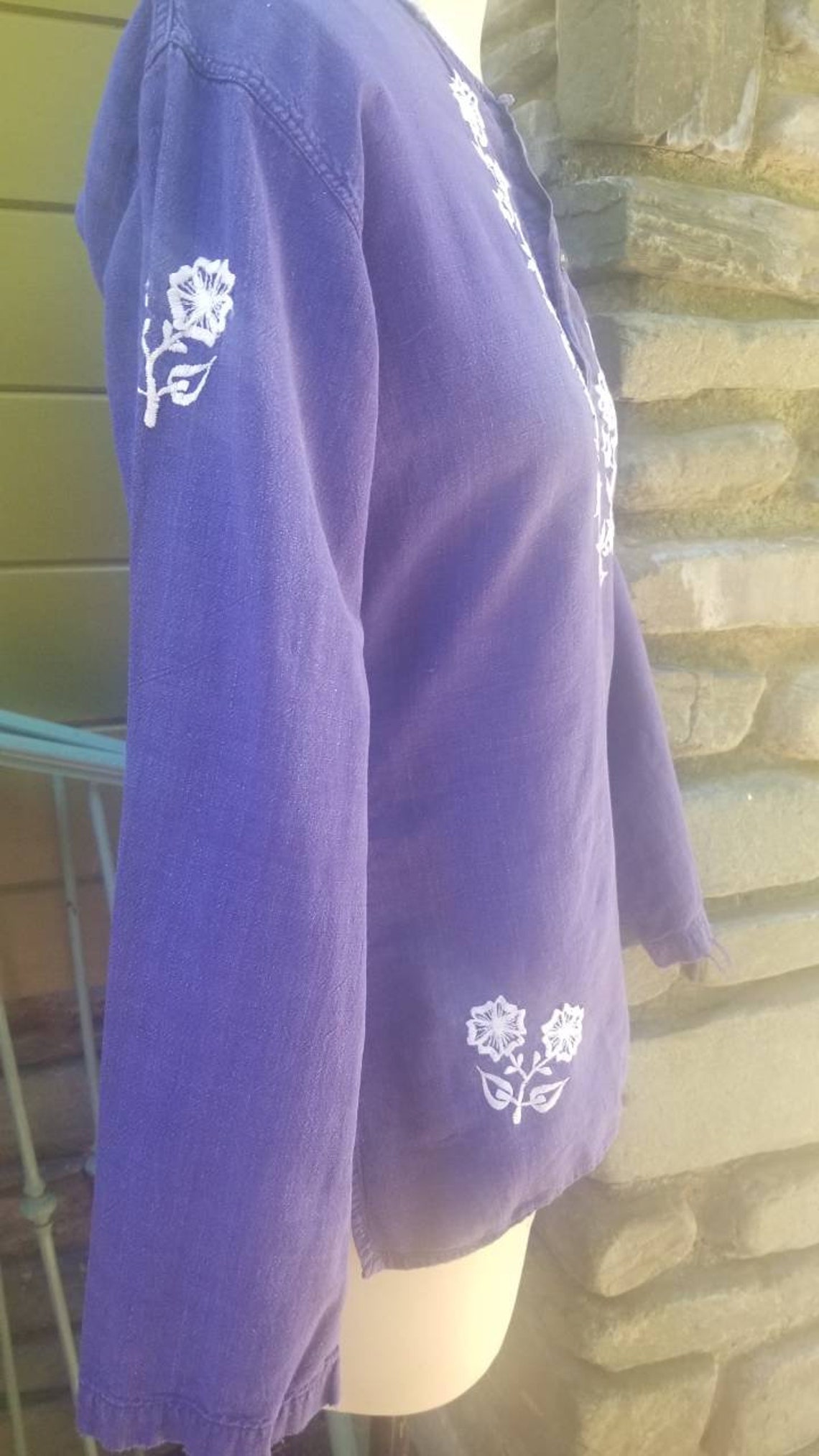 Indigo 60s 70s Embroidered Indian Cotton Top Blouse Embroidery Boho - Etsy