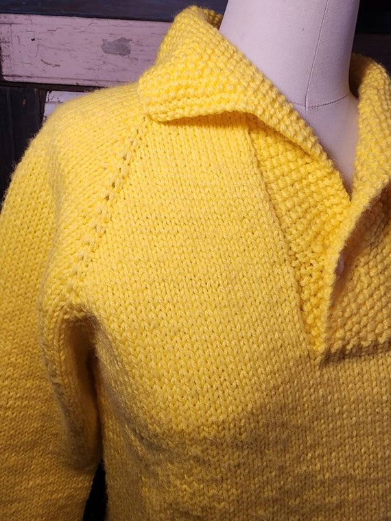 Bright canary yellow shawl collar homemade knit sweat… - Gem