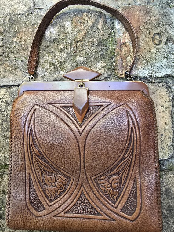 Antique vintage Leather art nouveau Edwardian Handbag… - Gem