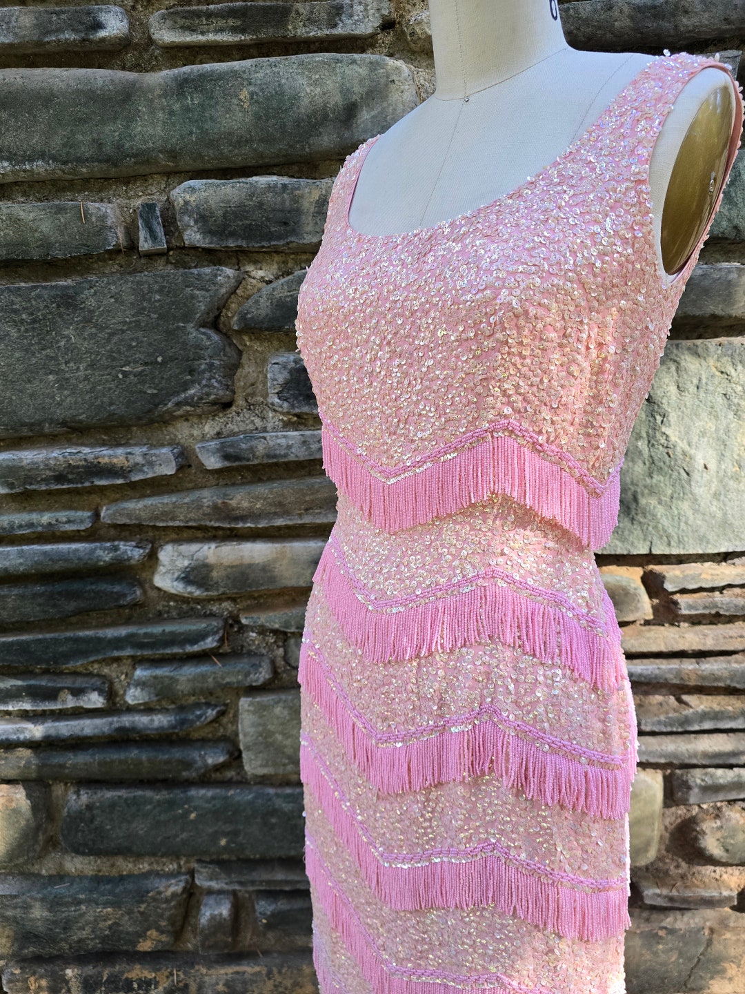 60s 1960 Does 20s Pink Flapper Meets Barbie Pink Iridescent Sequin ...