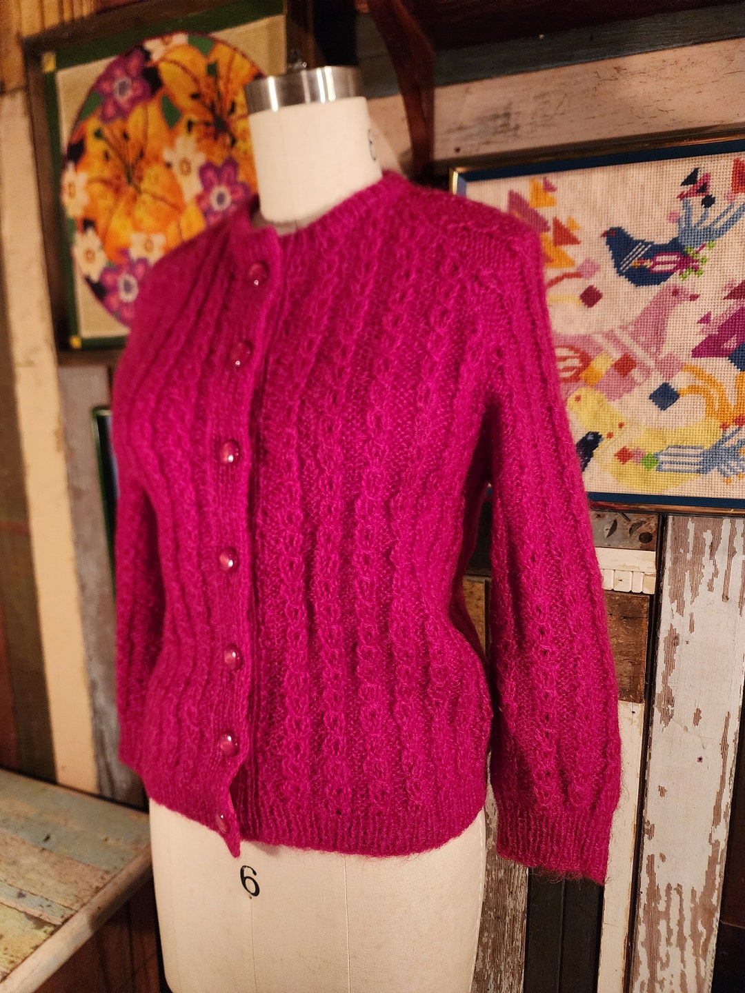 1950s 50s Handmade Cardigan Knit Mohair Sweater Red Pinup Romantic ...