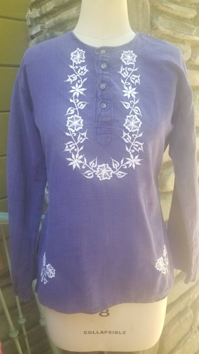 Indigo 60s 70s Embroidered Indian Cotton Top Blouse Embroidery Boho - Etsy