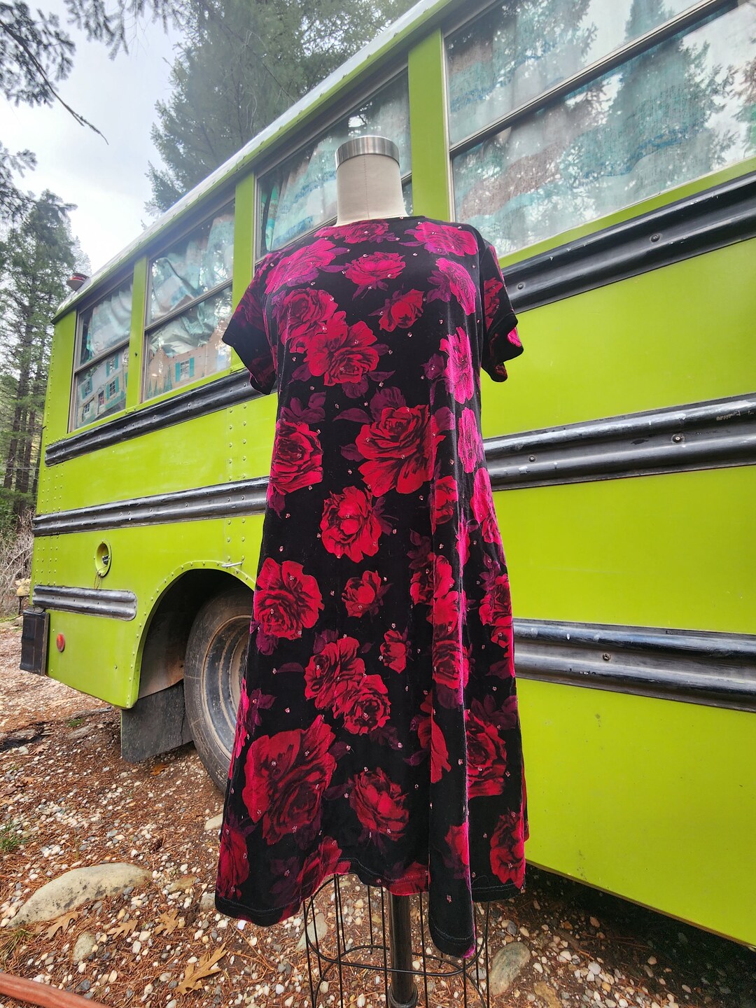 90s 1990s Rose Print Floral Velvet Rhinestone Dress Designer John ...