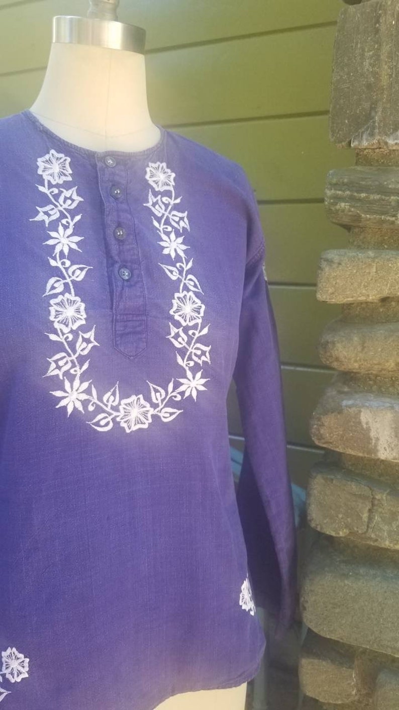 Indigo 60s 70s Embroidered Indian Cotton Top Blouse Embroidery Boho - Etsy