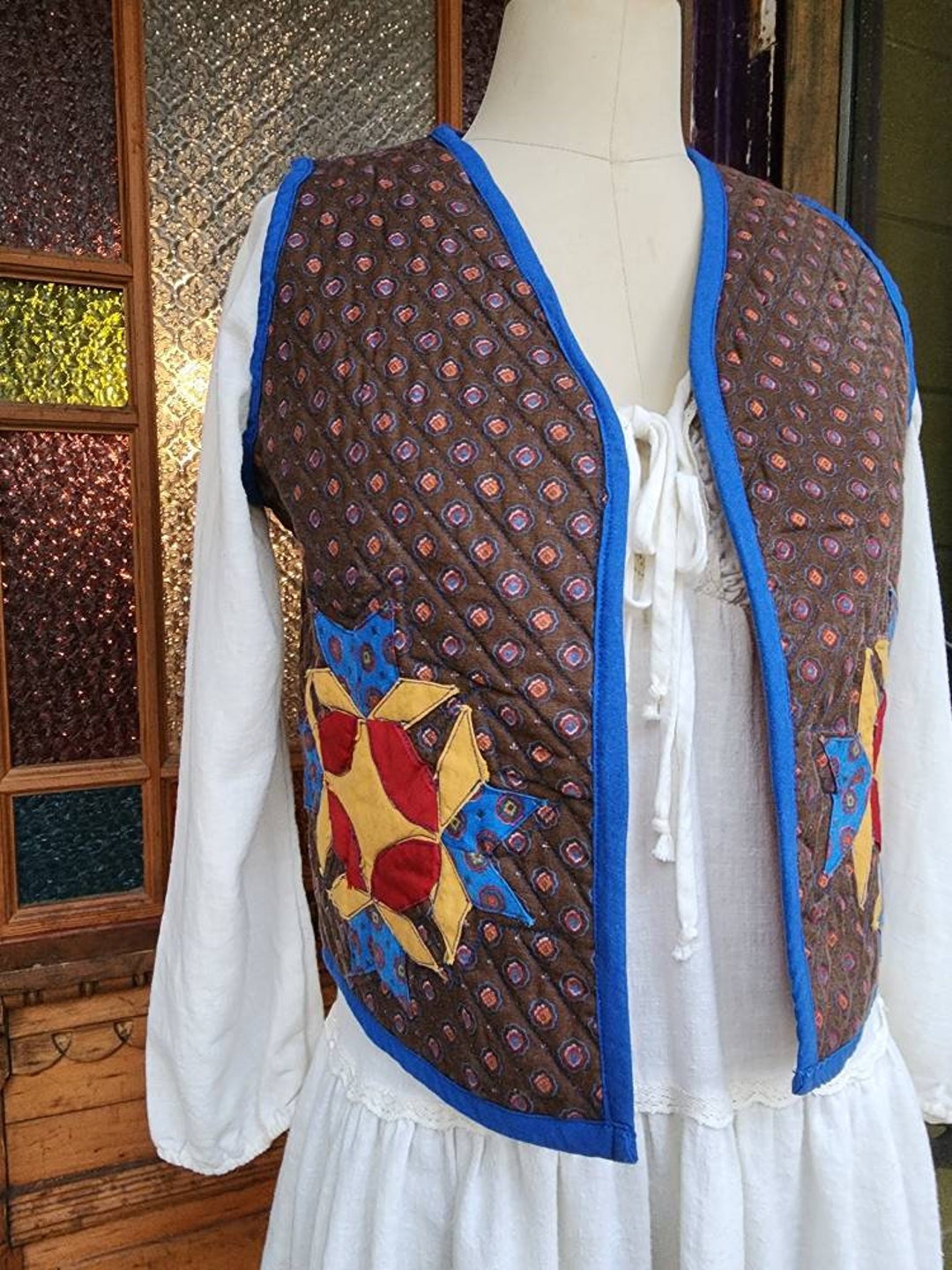 Colorful Patchwork Quilted Vest Blue Yellow Red Ooak Boho Cottage Core ...
