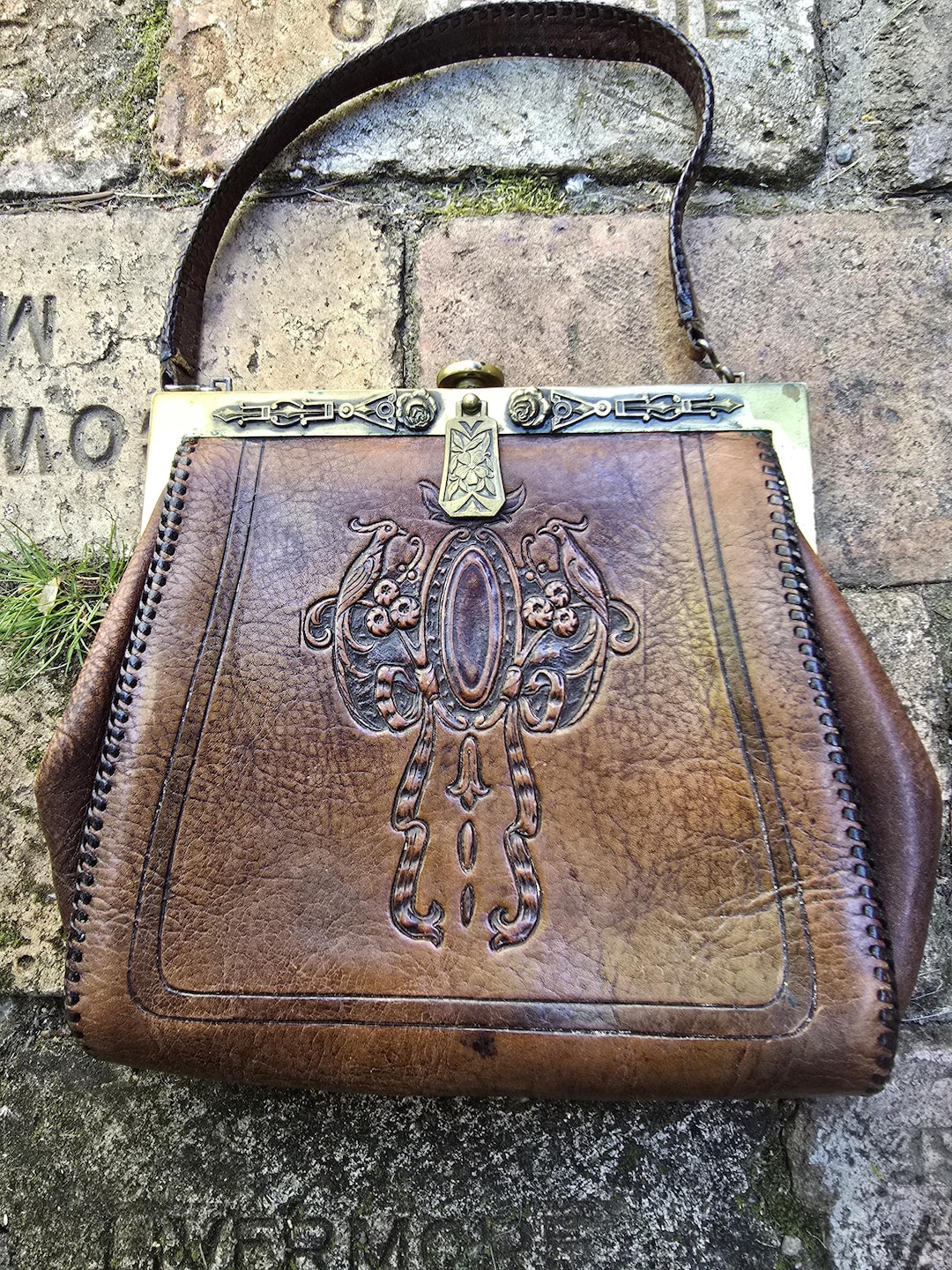 Antique Vintage Leather Art Nouveau Edwardian Handbag Purse Tooled ...