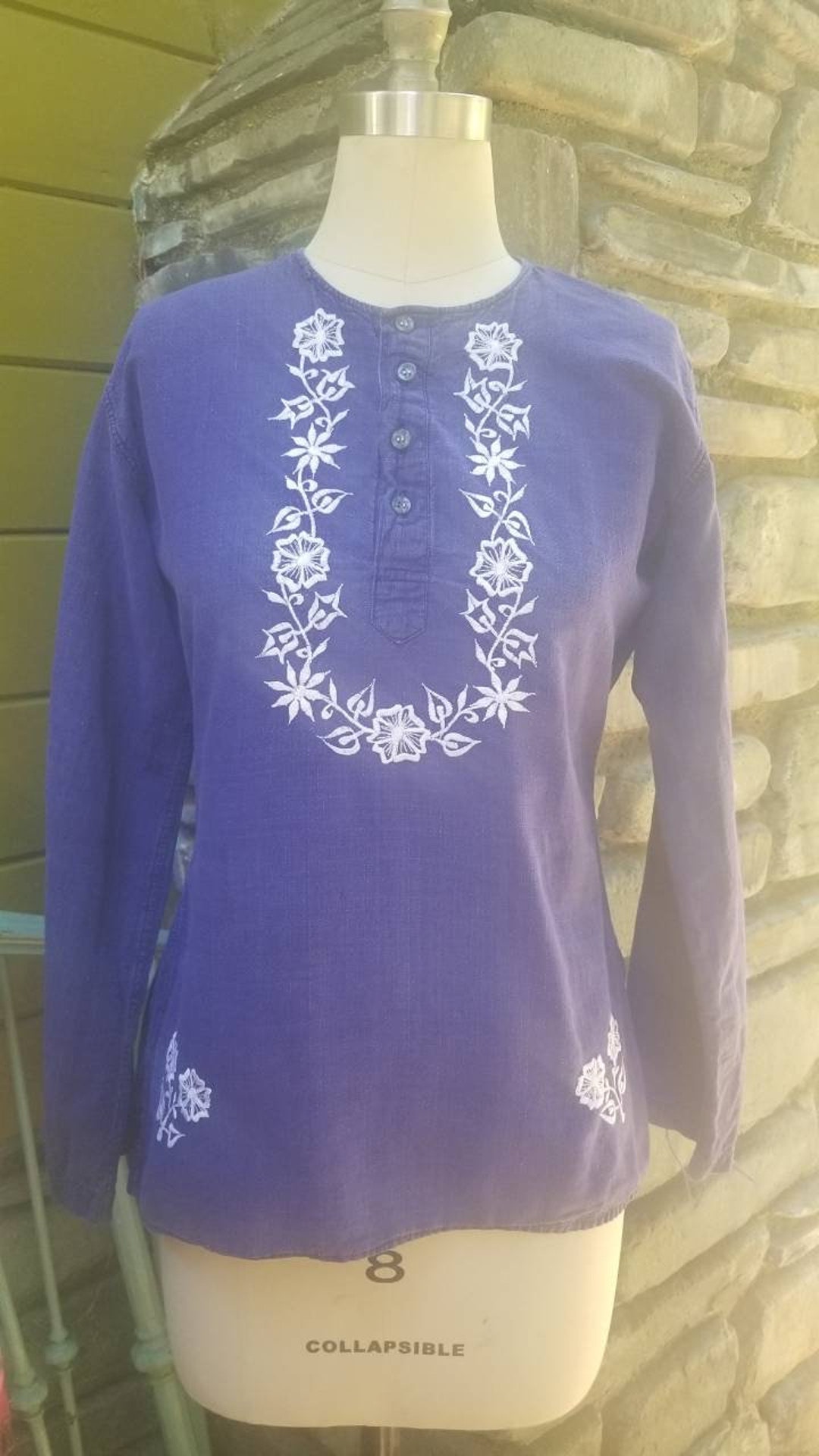 Indigo 60s 70s Embroidered Indian Cotton Top Blouse Embroidery Boho - Etsy