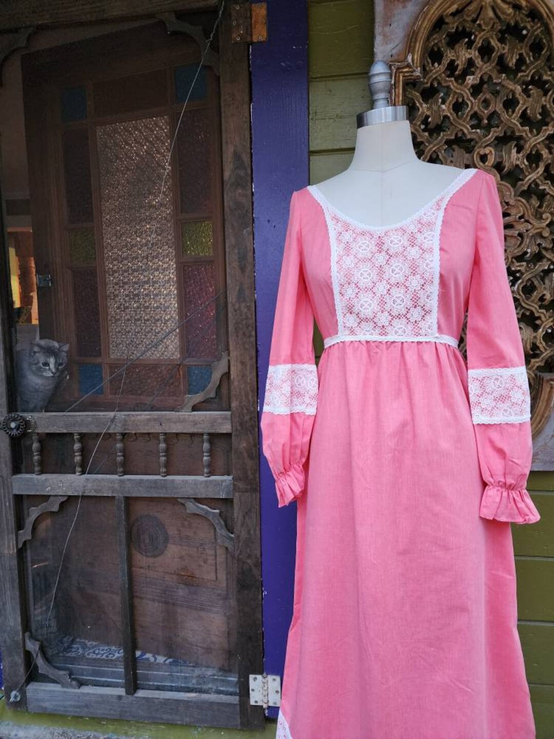 Salmon Cotton Lace Maxi Dress Gown Gunnesax Style Homemade Cottage Core ...