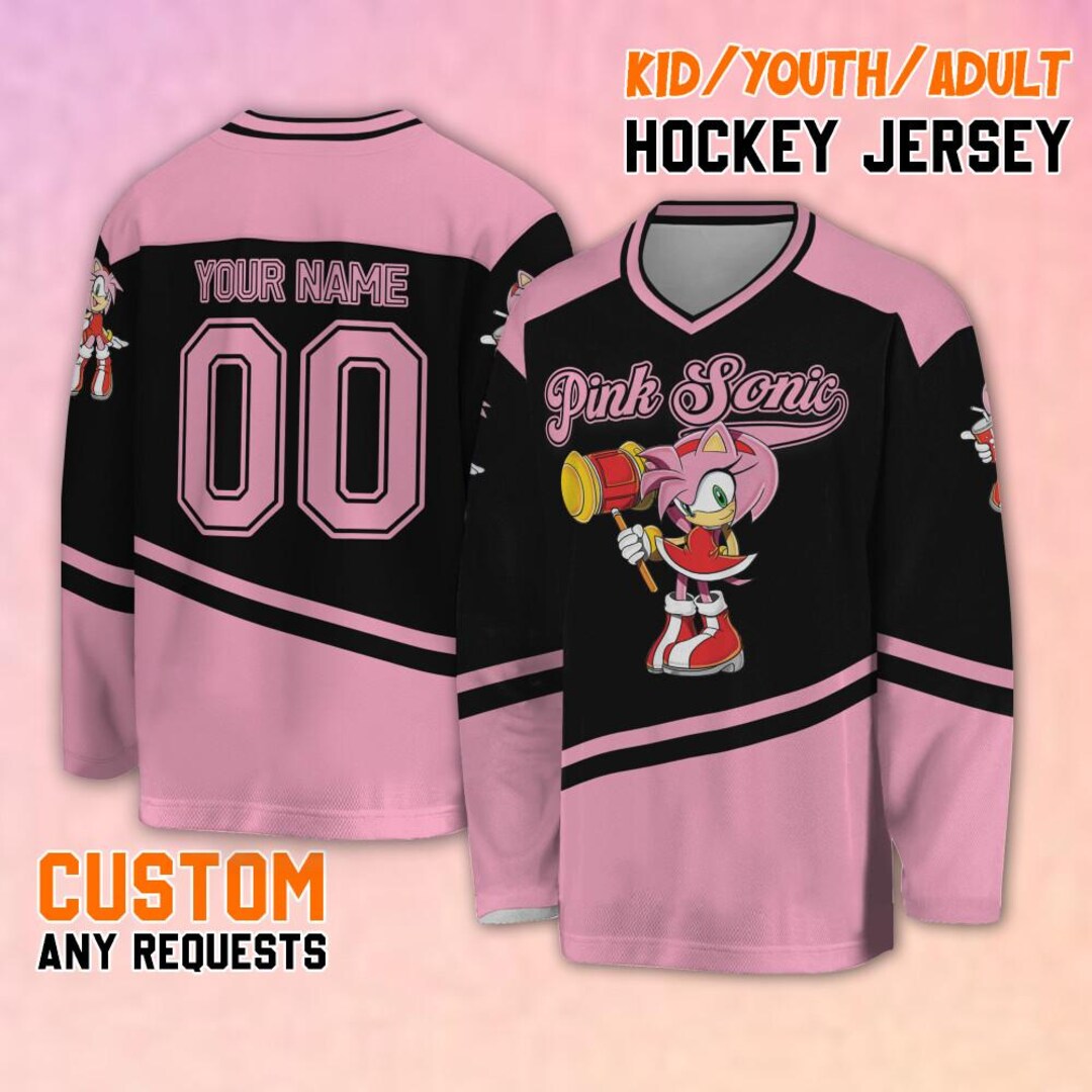 Custom Pink Sonic Hockey Jersey, Funny Pink Sonic Hockey Jersey, Pink ...
