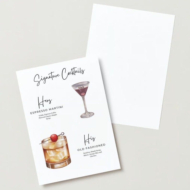 Printable His and Hers Signature Cocktail Menu - Espresso Martini & Old ...