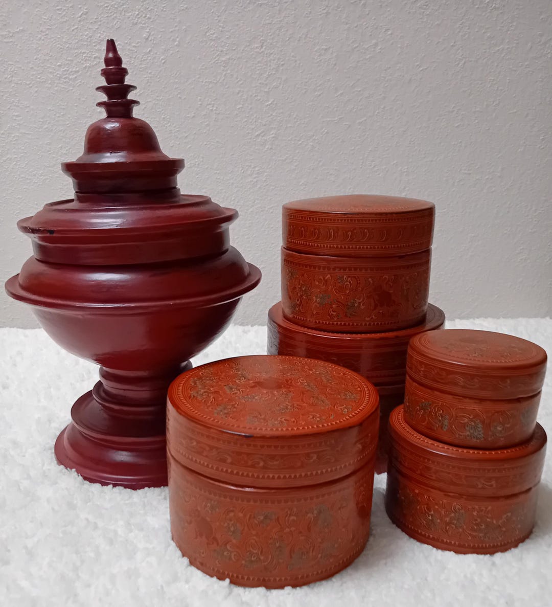 Vintage Burmese Set of Lacquerware (stack of Boxes and Offering Vessel ...
