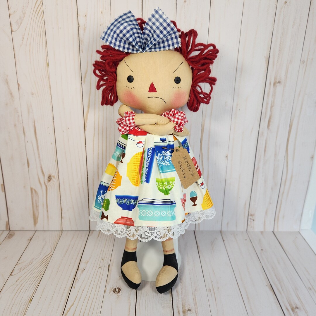 Grumpy Gertie Mad Face Doll Arms Crossed in Vintage Pyrex Dress, Sad ...