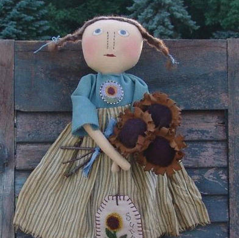Primitive Cloth Doll Pattern Sunny Doll With Sunflowers Folk | Etsy