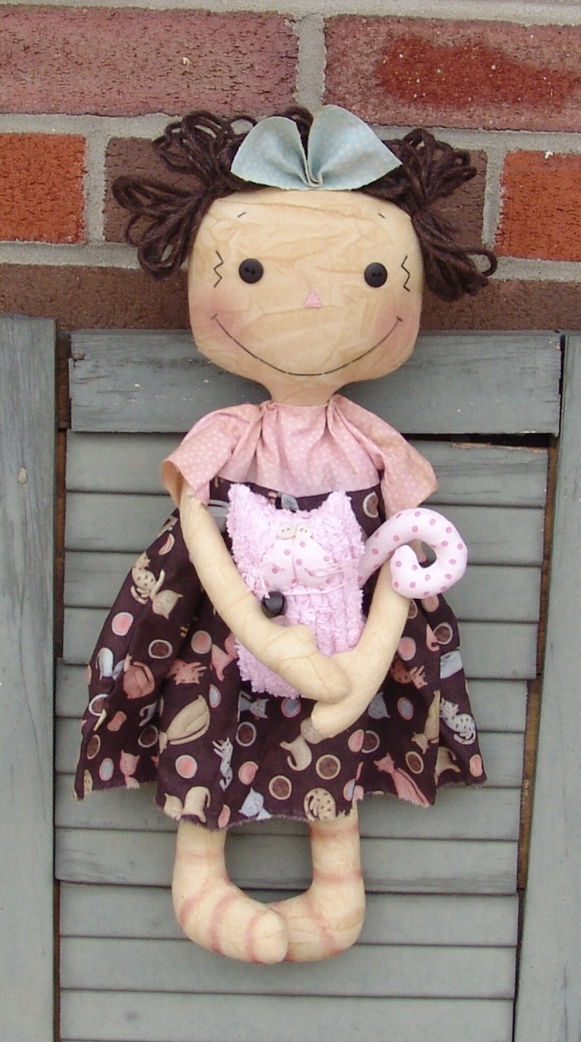Primitive Raggedy Doll With Pink Kitty Cat Pattern Pink and - Etsy