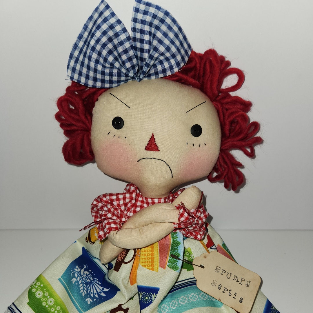 Grumpy Gertie Mad Face Doll Arms Crossed in Vintage Pyrex Dress, Sad ...