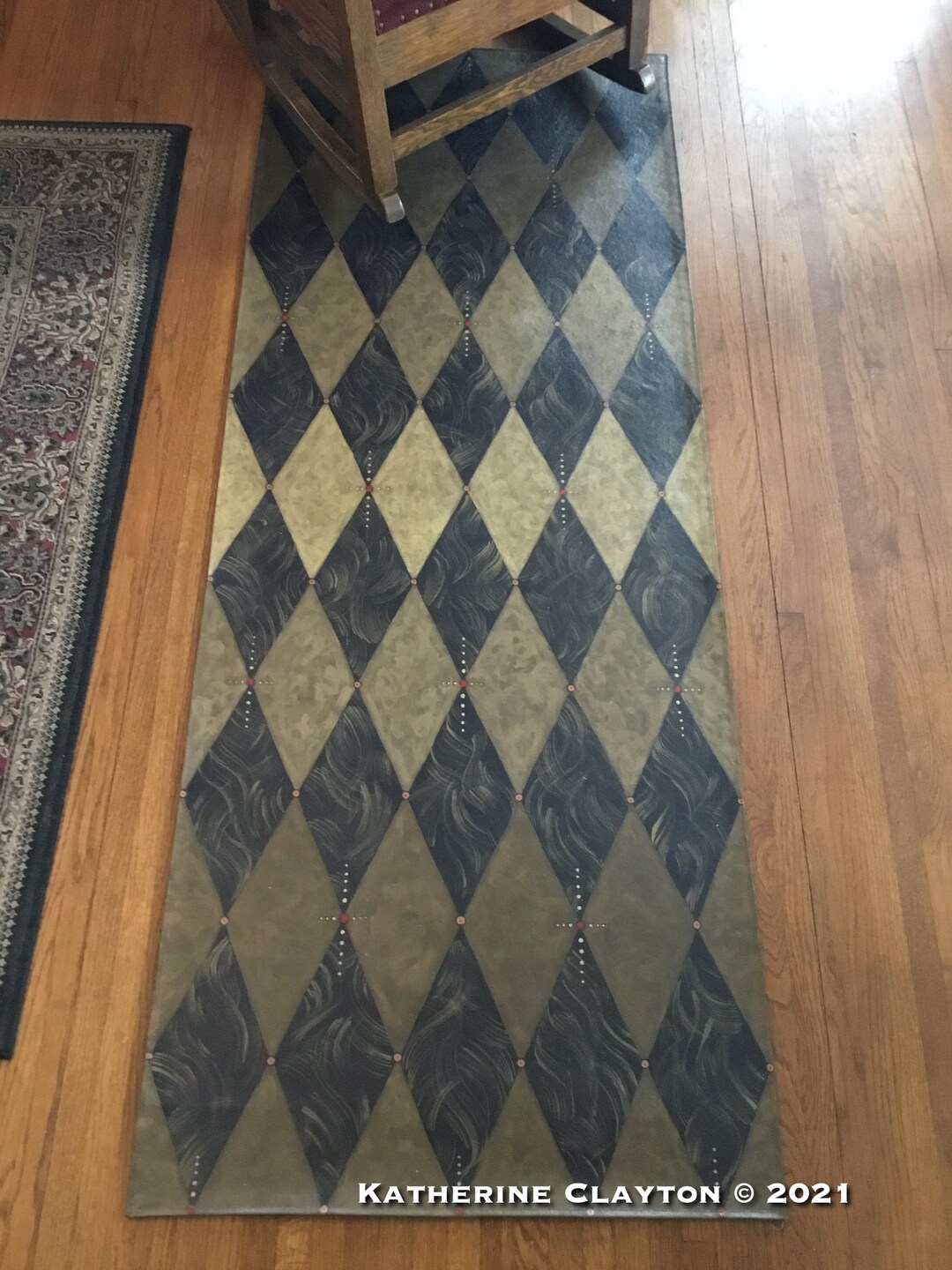Bronze and Navy Harlequin Floorcloth Runner Rug 79"x 30" 2.5'x 6.50 ...