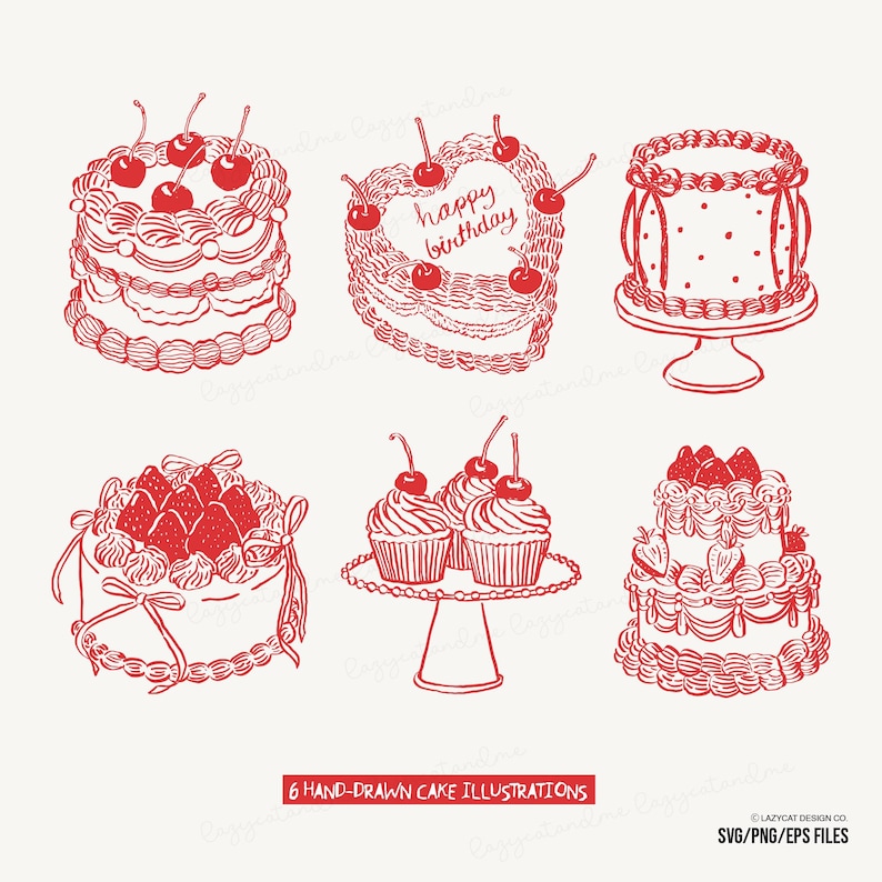 Cake Hand-drawn Illustration SVG PNG EPS Set Poster Wall Art T-shirt ...