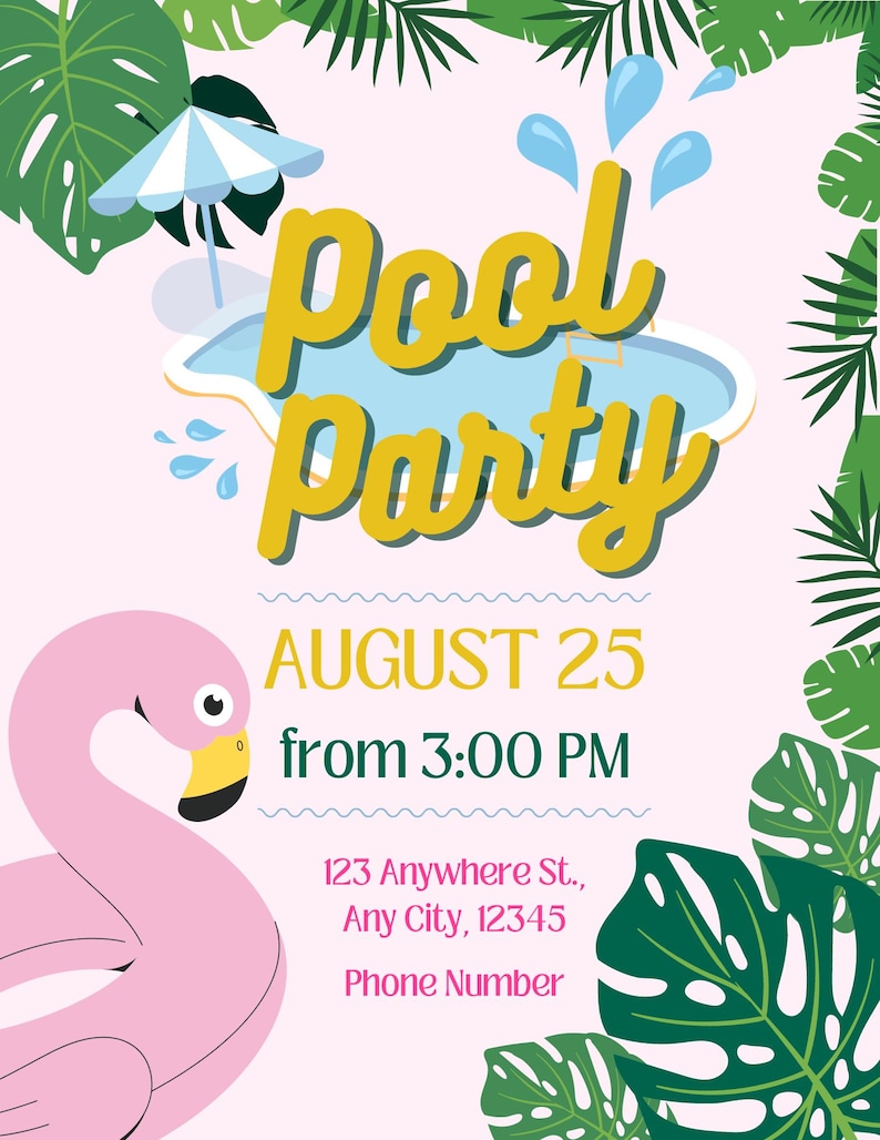Retro Flamingo Monstera Pool Party Invitation Template - Etsy