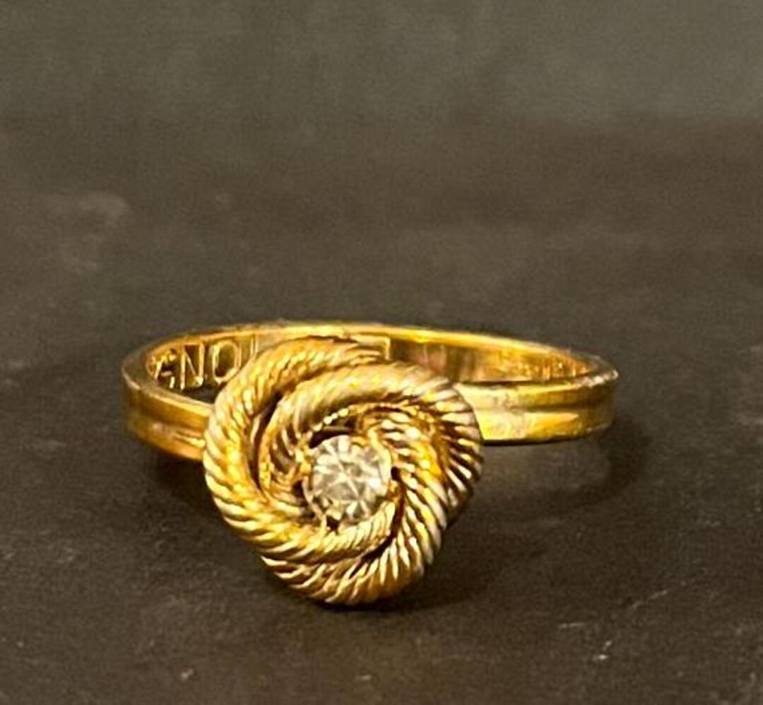 Vintage Emmons Gold Knot Ring - Rhinestone at Center - Adjustable Band ...