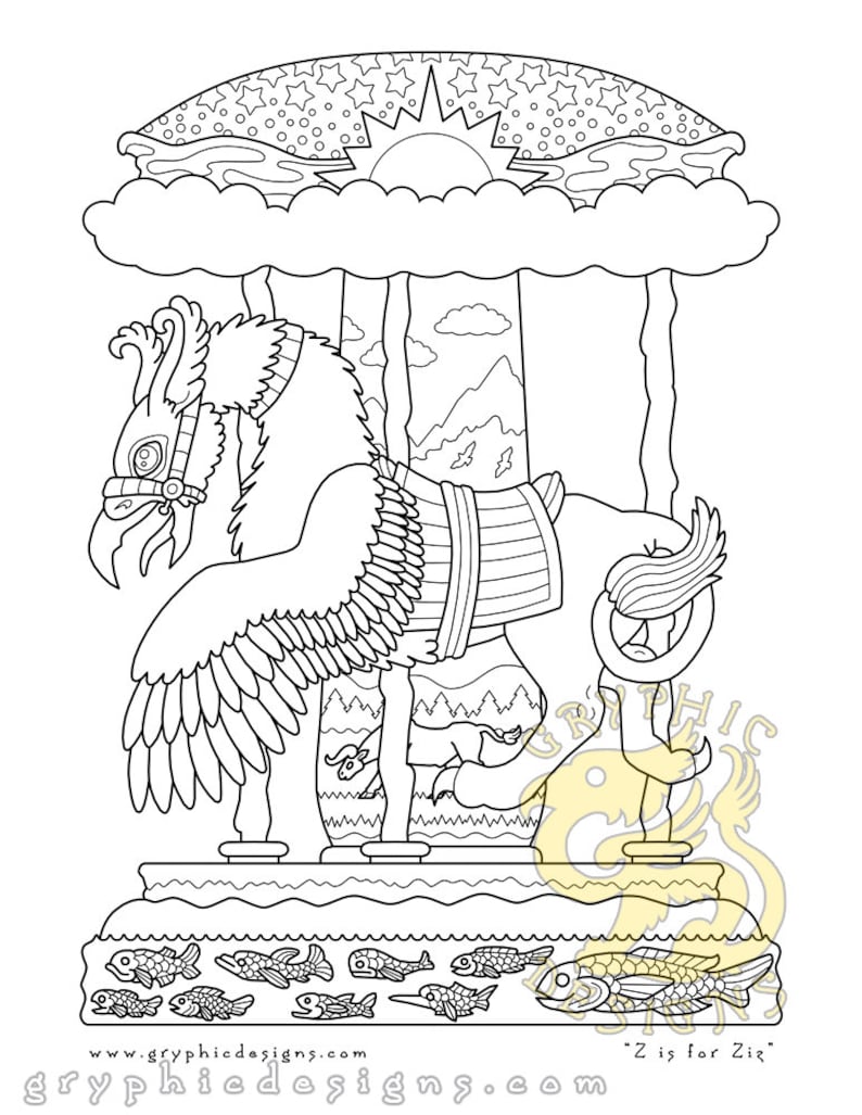 Z is for Ziz Carousel Printable Coloring Page Digital Download - Etsy