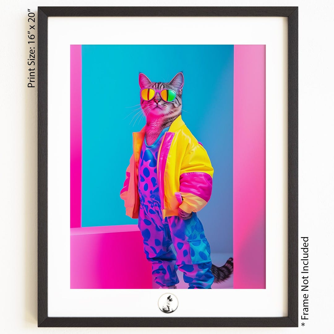 Cat Wall Art Neon Vogue, Retro Print, Pink, Yellow, Blue Playful Cat ...