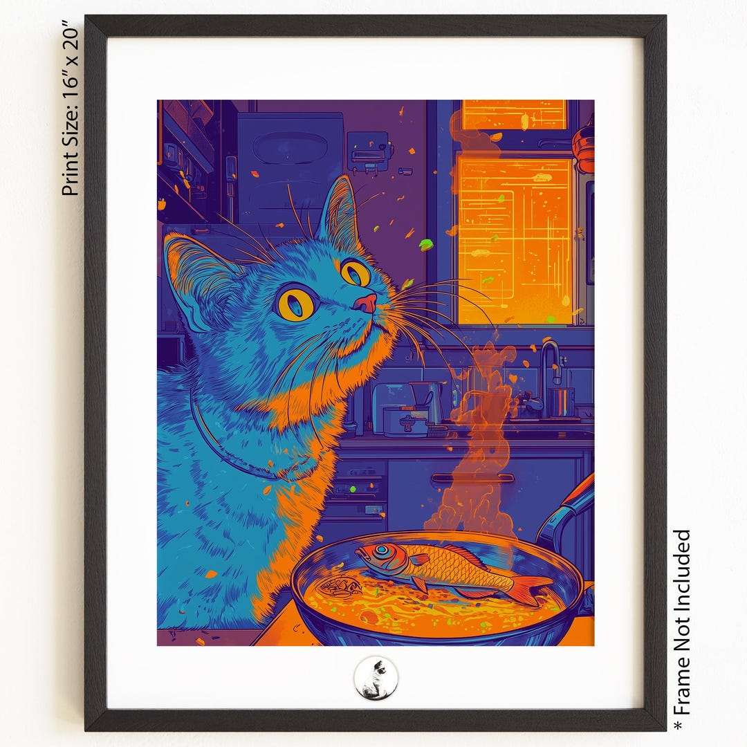 Cat Wall Art Cat Watching Fish Fry in Pop Art, Neon Palette Dynamic ...