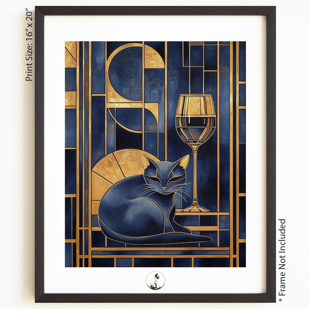 Cat Wall Art Deco Delights in Art Deco Print, Gold and Midnight Blue ...