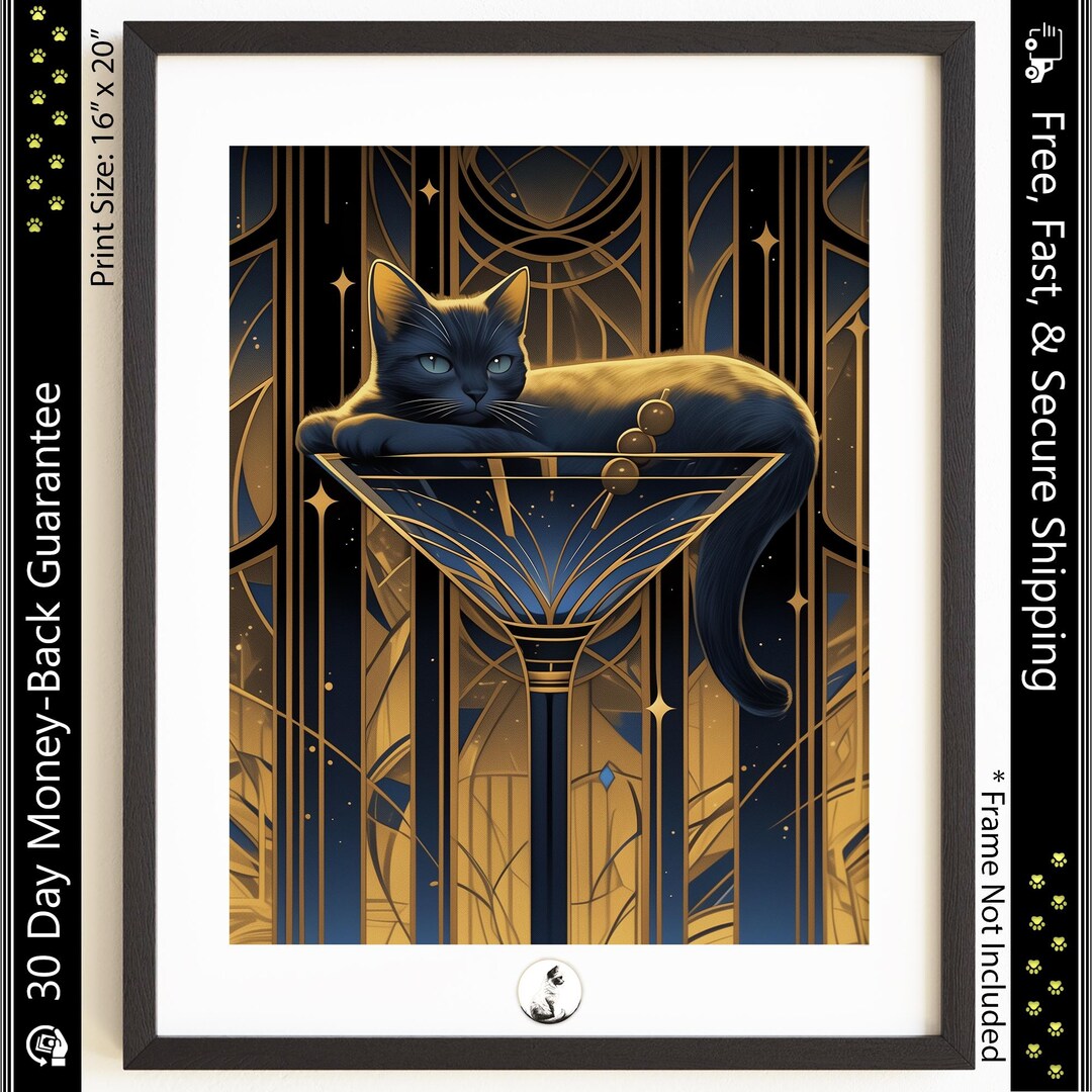 Cat Wall Art Bourbon and Tabby Charm in Vintage Style Print, Emerald ...