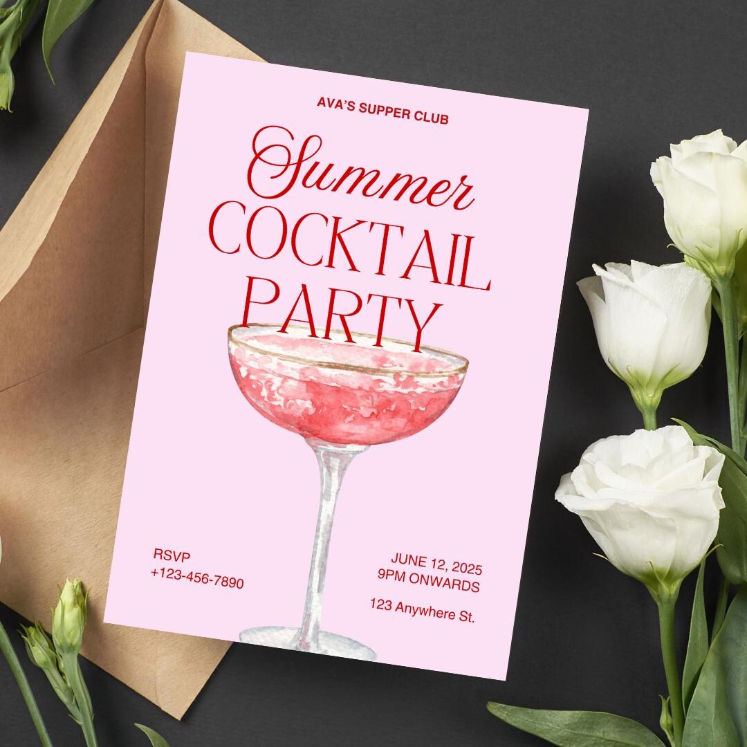 Editable Cocktail Party Invitation Template, Bold Pink and Red ...