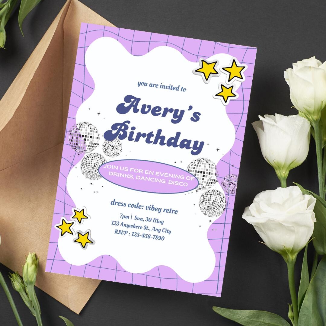 Fun Disco Editable Birthday Invitation Template, Purple, Wavy, Gen Z ...