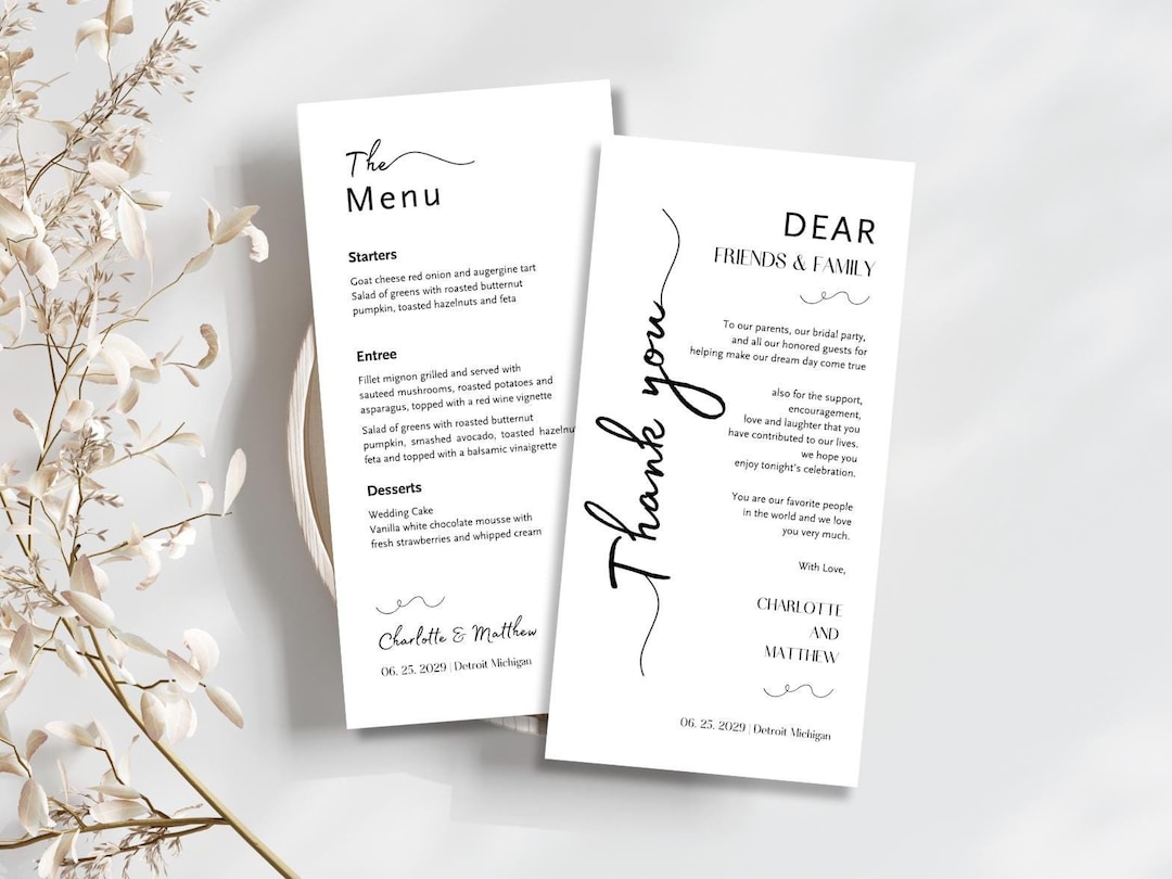 Modern Menu and Thank You Card, Wedding Menu Card, Napkin Note Thank ...
