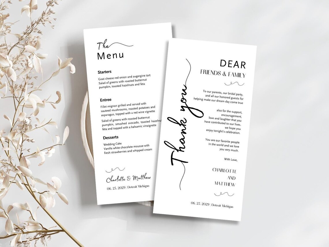 Modern Menu and Thank You Card, Wedding Menu Card, Napkin Note Thank ...