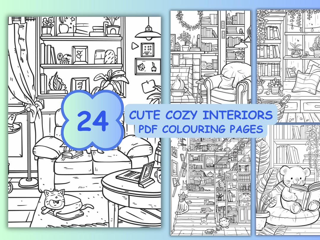 24 Cozy Cat Interiors Colouring Pages for Adults | Cute Comfy Animals ...
