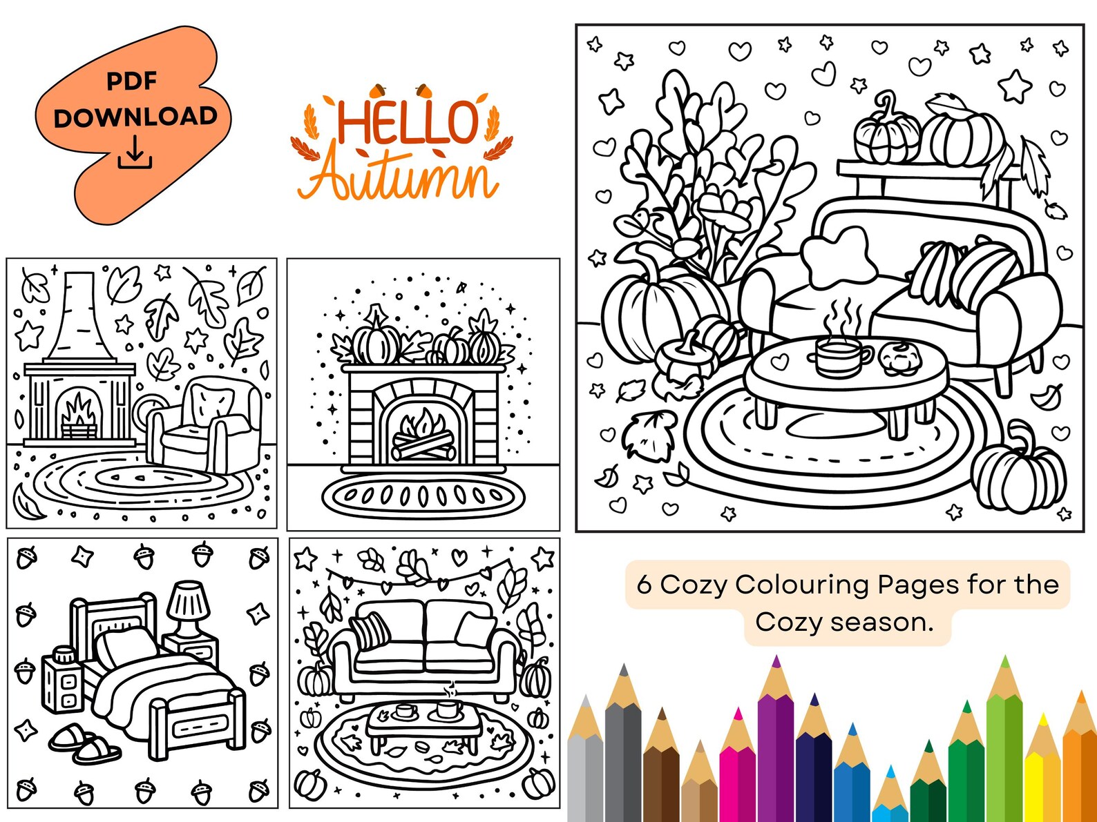 Cozy Autumn Home Coloring Pages: 6 Printable Designs (PDF Download) - Etsy