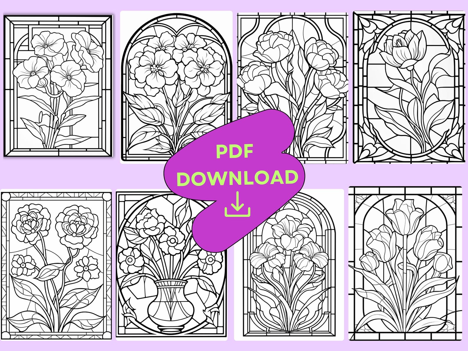 8 Stained Glass Flower Coloring Pages for Adults Relaxing Floral ...
