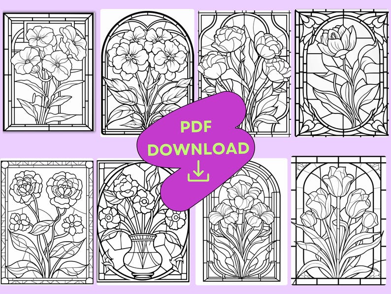 8 Stained Glass Flower Coloring Pages for Adults | Relaxing Floral ...