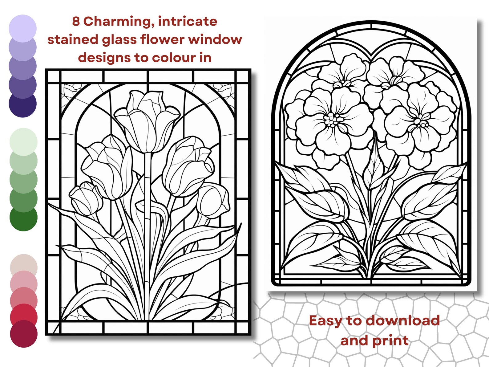8 Stained Glass Flower Coloring Pages for Adults Relaxing Floral ...