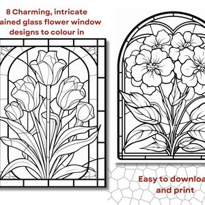 8 Stained Glass Flower Coloring Pages for Adults Relaxing Floral ...