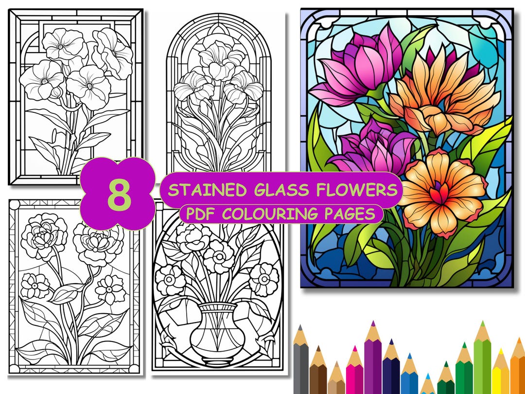8 Stained Glass Flower Coloring Pages for Adults Relaxing Floral ...