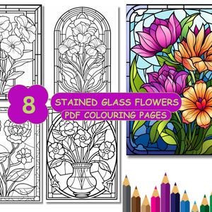 8 Stained Glass Flower Coloring Pages for Adults Relaxing Floral ...