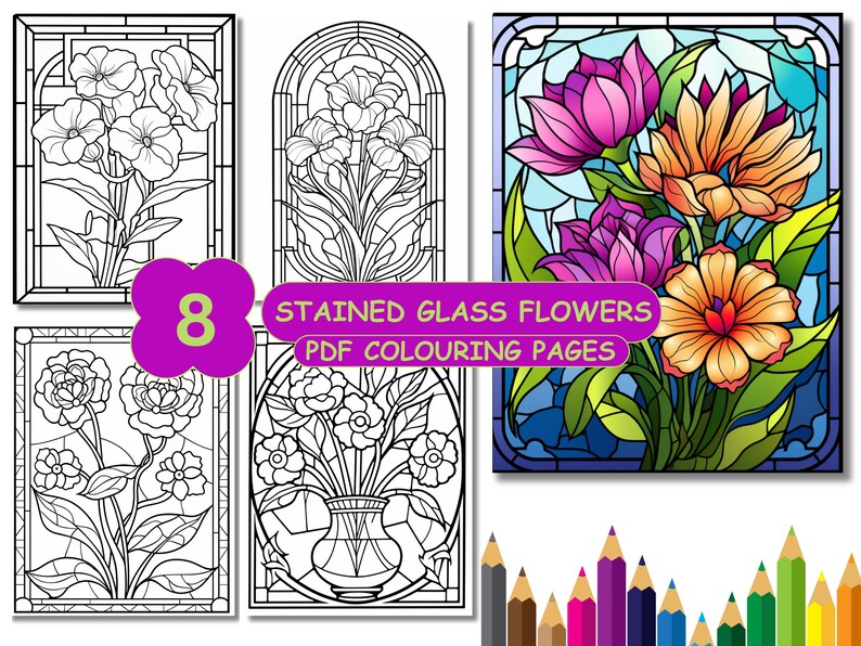 8 Stained Glass Flower Coloring Pages for Adults Relaxing Floral ...