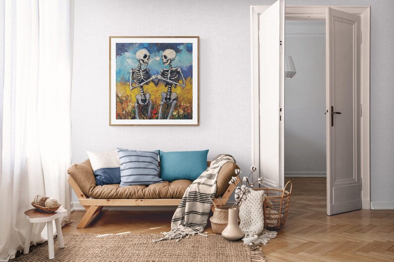 Spooky Romance: Skeletons Holding Hands - Impressionistic Oil Painting ...