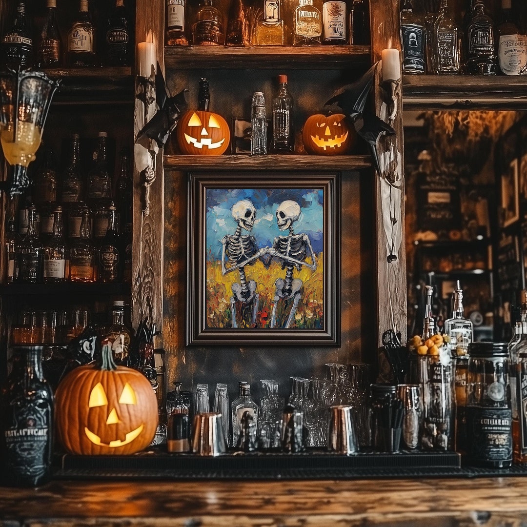 Spooky Romance: Skeletons Holding Hands - Impressionistic Oil Painting ...