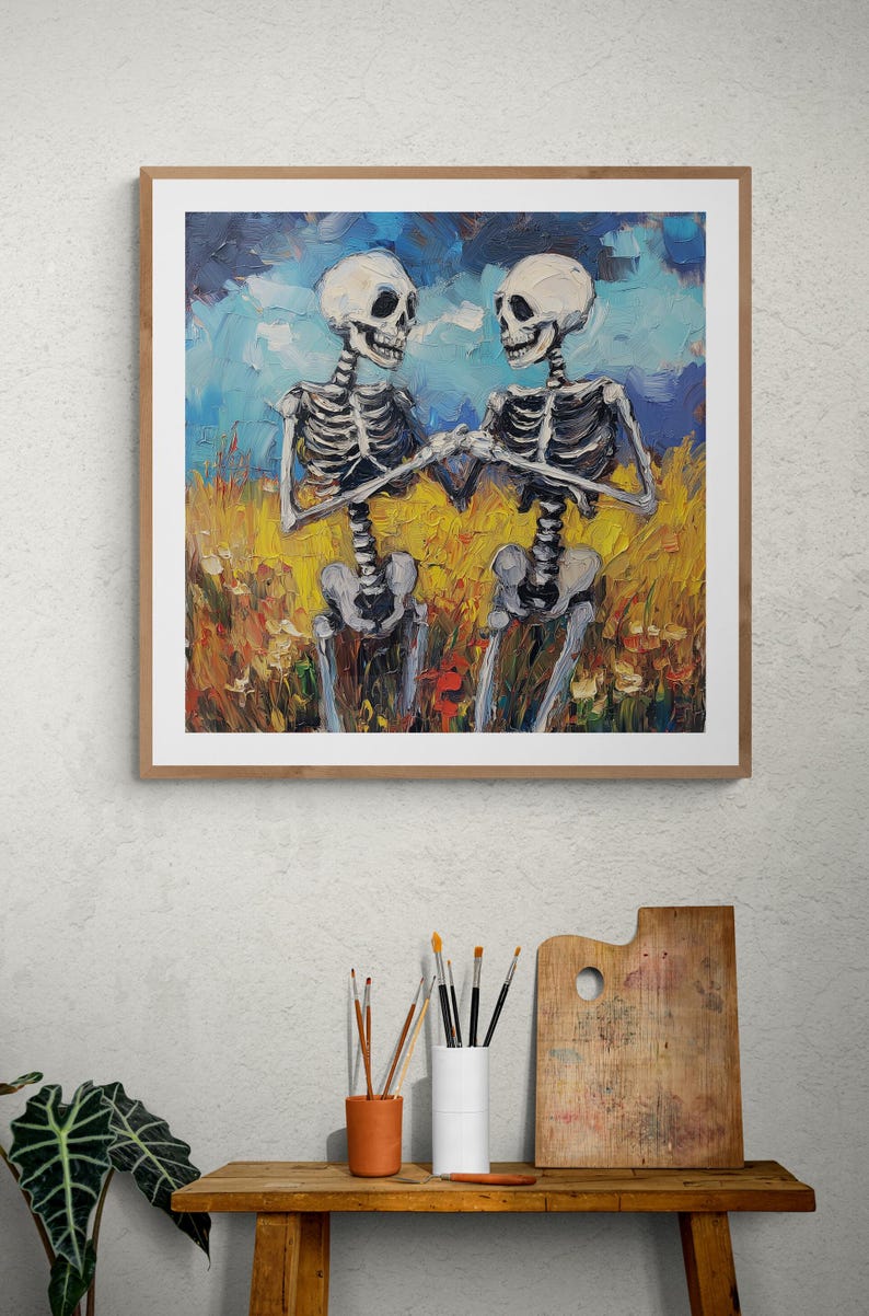 Spooky Romance: Skeletons Holding Hands - Impressionistic Oil Painting ...